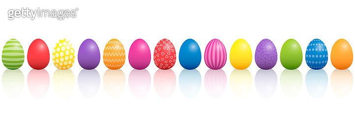 Easter eggs. Lined up colorful mixture with different patterns. Three ...