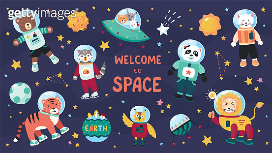 Space animals. Cute cartoon trendy baby animal characters in space ...