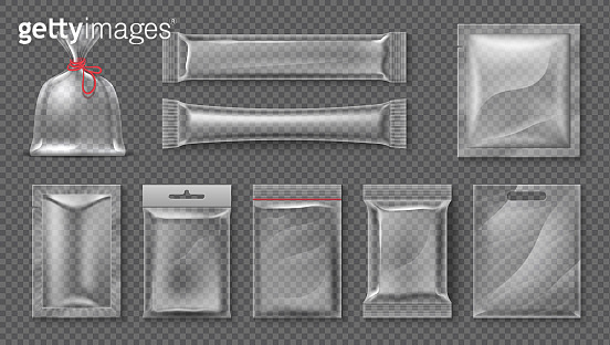 Plastic package. Realistic clear bag mockup, 3d transparent food ...