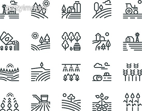 Farming landscape line icons. Rural houses, planting vegetables and ...