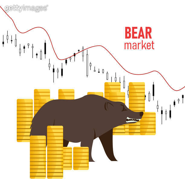 A snarling, angry bear figurine walks through piles of fallen coins ...