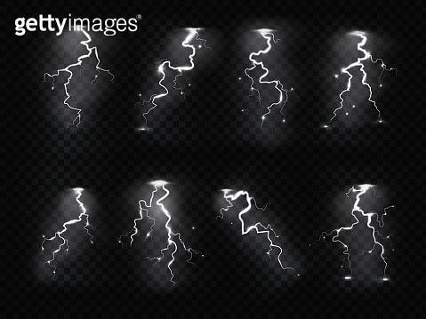 Realistic lightning. Thunder storm electricity blue sky blitz flash ...