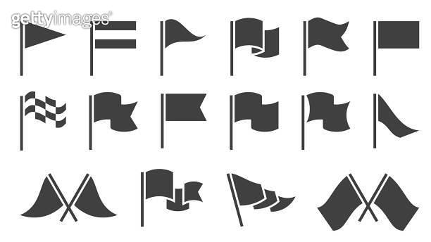 Flag icons. Black silhouette destination flags, pennant with flagpole ...