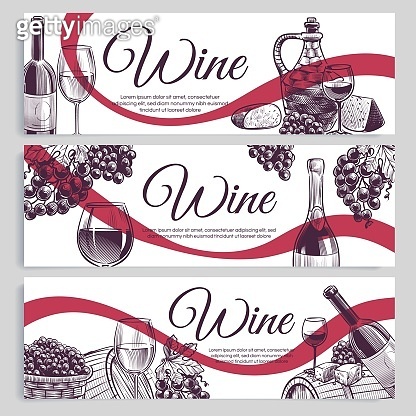 Sketch wine banners. Classic alcoholic drink bottles and wineglasses ...