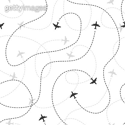 Airplane route. Plane trace line, aeroplanes pathways flight lines ...