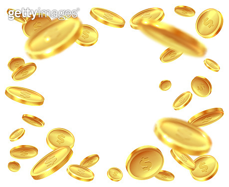 Gold coins explosion. Realistic flying golden coin. Monetary fall cash ...