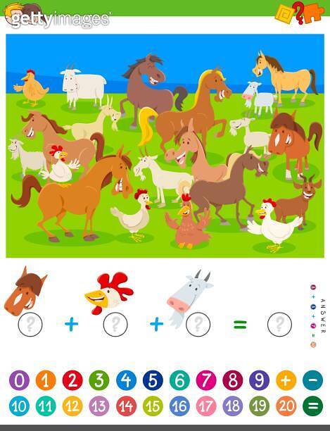 counting and adding game with cartoon farm animals 이미지 (1167617552 ...