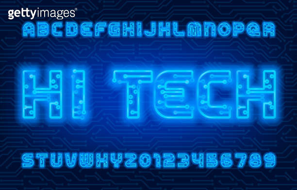 Hi Tech alphabet font. Neon color letters and numbers. 이미지 (1193265402 ...