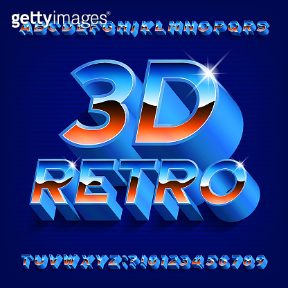 3D Retro alphabet font. Shining letters and numbers with shadow in 80s ...
