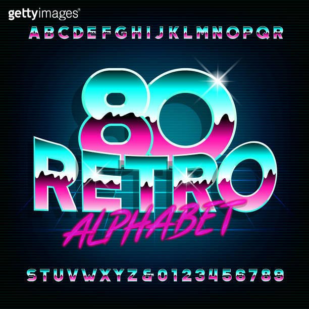 80s Retro alphabet font. Shiny letters and numbers on dark background ...