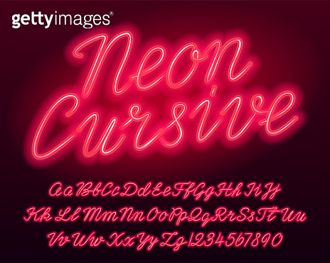 Neon cursive alphabet font. Red color lowercase and uppercase bright ...