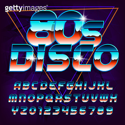 80s Disco alphabet font. Letters, numbers and symbols on abstract ...