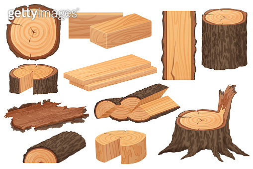 Wood industry raw materials. Realistic high detailed vector production samples. Tree trunk, logs ...
