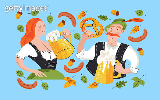 Beer Fest, beer festival. Characters in German national dress drink ...