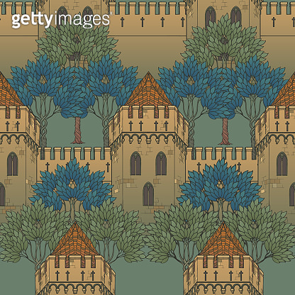 Medieval city architecture. Seamless pattern in a style of a medieval ...