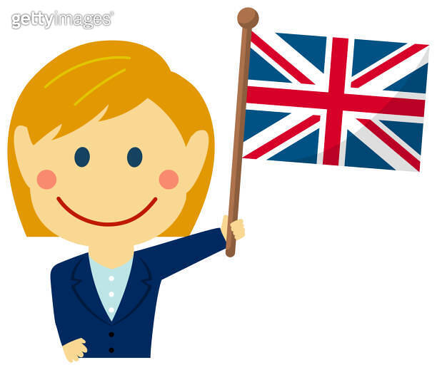 Cartoon business woman with national flags / the UK . Flat vector ...