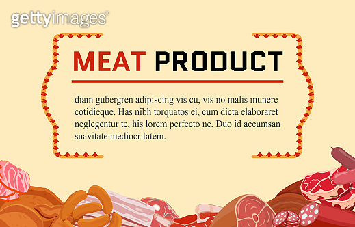 Banner with meat products. Roast chicken and prime rib, sausage, salami ...