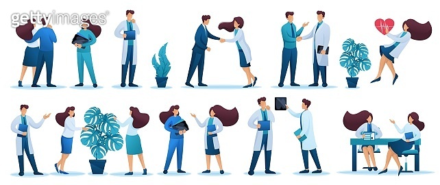 Set 2D flat Vector characters doctors, medical staff and patients ...