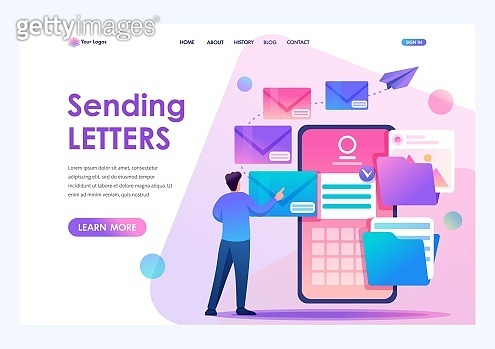 Young man creates New email message, send mail notification. New ...