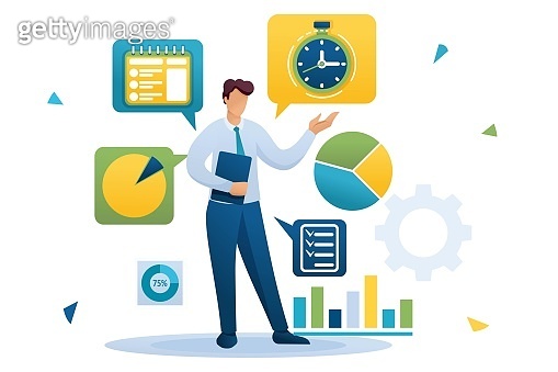 Young businessman is engaged in time management. Distribution of tasks ...