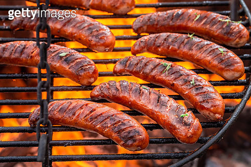 Top view of sausage on grill with spices in summer 이미지 (1151848254 ...