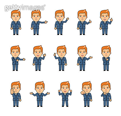 Set of diverse chibi man characters showing different hand gestures ...