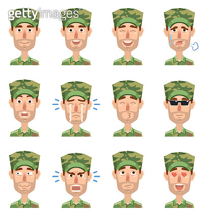 Set of military man emoticons. Soldier avatars showing different ...