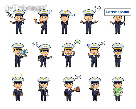 Set of airline pilot characters showing various actions, emotions ...