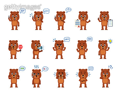 Set of cartoon teddy bear characters showing diverse actions, emotions ...
