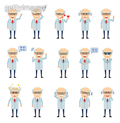 Set of old professor character showing various emotions. Cheerful ...