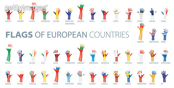 Hand and national flag. Vector illustration of a set of European flags ...