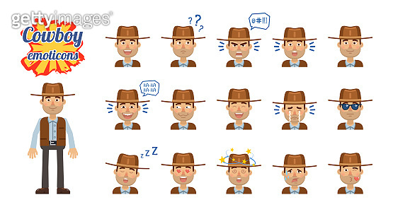 Big set of cowboy emoticons. Cowboy emojis showing different facial ...