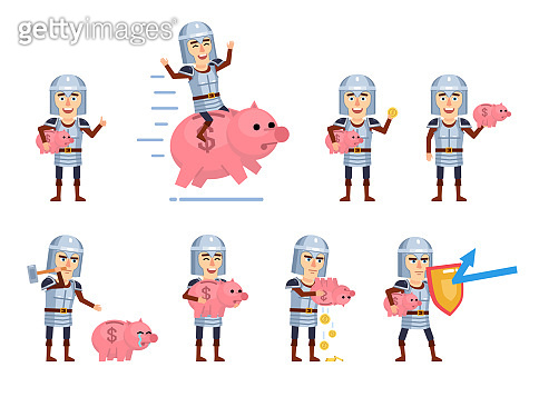 Set of medieval knight characters posing with piggy bank in different ...