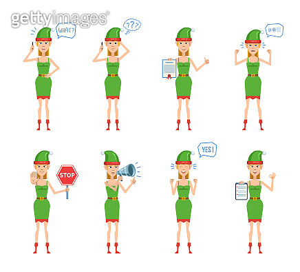 Set of female Christmas elf characters posing in different situations ...