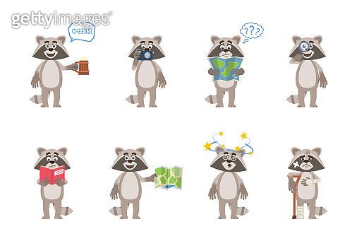 Set of cartoon raccoon characters posing in different situations ...