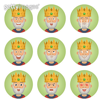 Set of old king emoticons. King avatars showing different emotions ...