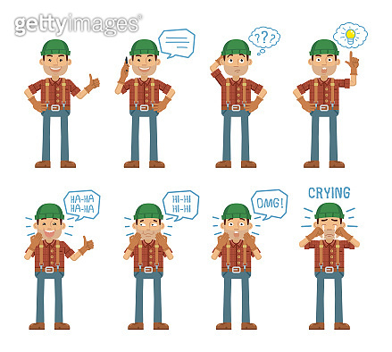 Set of lumberjack characters posing in different situations. Cheerful ...