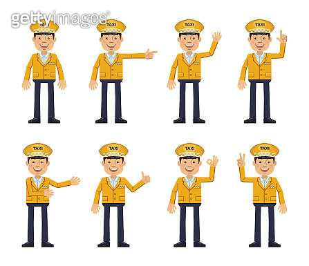 Set of taxi driver characters showing different hand gestures. Cheerful ...
