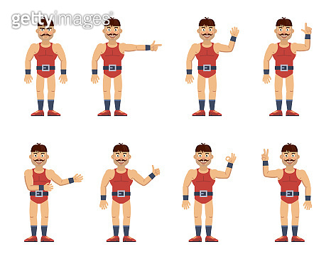 Set of circus strongman characters showing different hand gestures ...