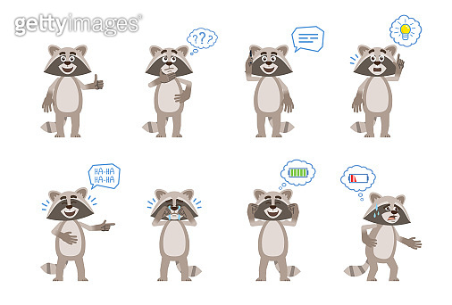 Set of cartoon raccoon characters posing in different situations ...