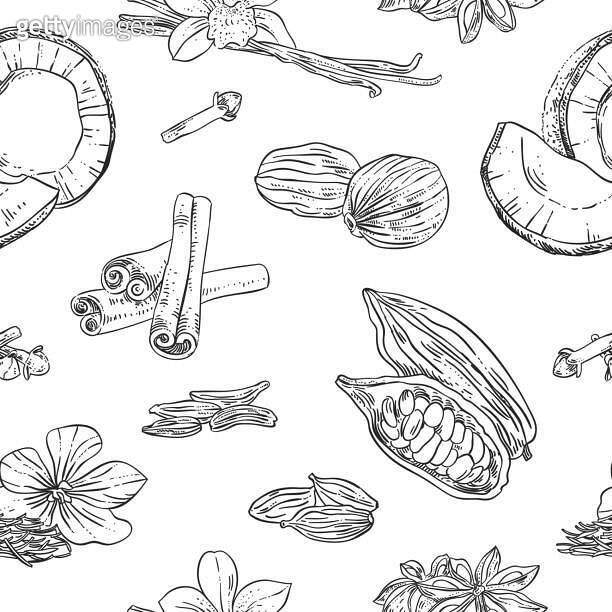 Sweet spices seamless pattern. Vector background with herbs and spices ...