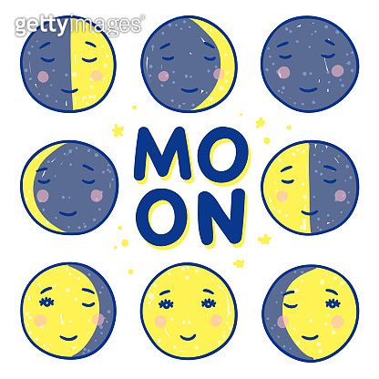Phases of the moon vector hand drawn illustrations. Cute moon faces on ...