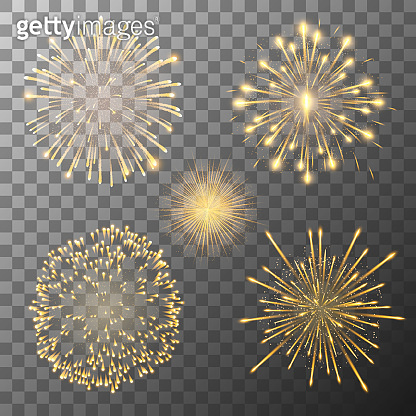 Set of five fireworks bursting in various shapes. Firework explosion in ...