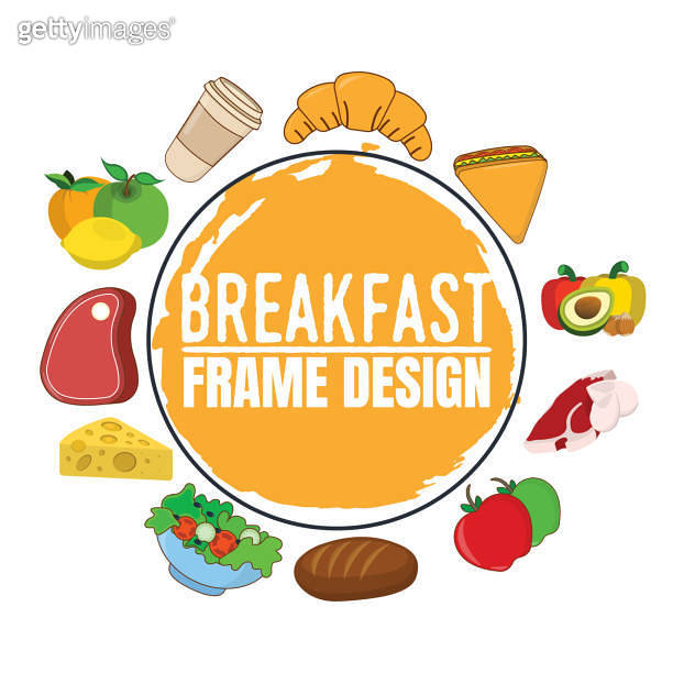 Breakfast Frame Design label. Delicious food. Font with Brush, Symbols ...