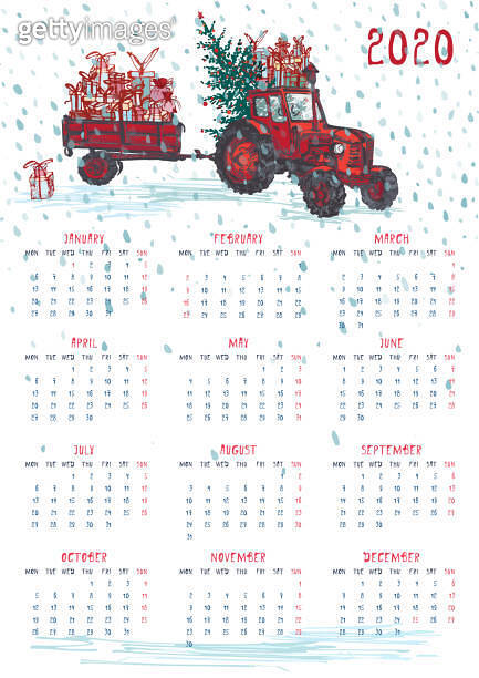 2020 Calendar planner whith red christmas truck, new year tree and ...