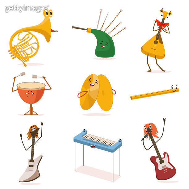Funny Musical Instruments Cartoon Characters with Funny Faces Set ...