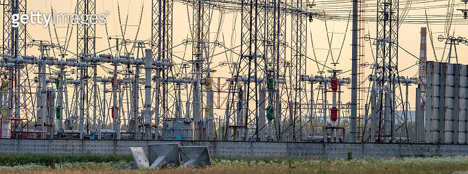 High Voltage sub station in extreme detail. Closeup on wiring and ...