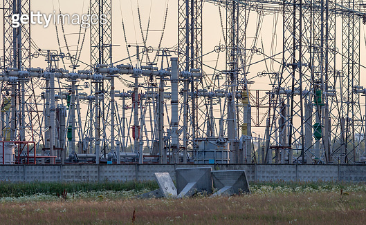 High Voltage sub station in extreme detail. Closeup on wiring and ...