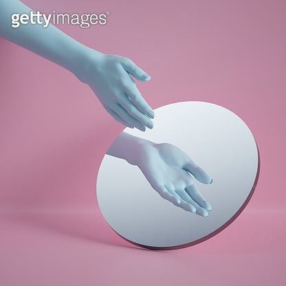 3d render, hand reflection in round mirror isolated on pink background ...