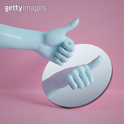 3d render, hand reflection in round mirror isolated on pink background ...